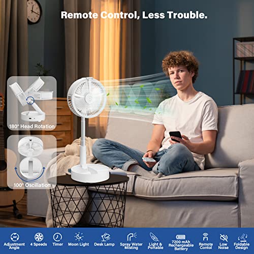 Portable Oscillating Standing Fan with Remote Control Light, Rechargeable Fan Small Desk Fan with Misting Timer 4 Speeds 7200mAh Folding Quiet USB Fan Personal Floor Fan Pedestal Fans for Home Bedroom
