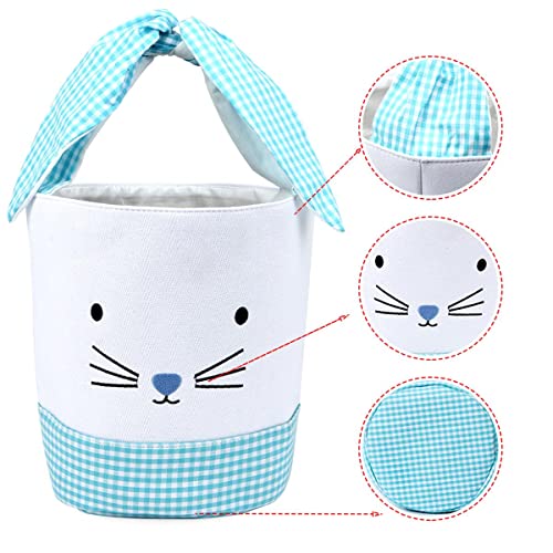 Leziazany Plaid Easter Bunny Basket Bags for Kids Canvas Egg Hunt Basket Bucket Monogrammed Rabbit Egg Gift Bags Polka Dot Portable Easter Tote Bag Party Candy Storage Decoration…