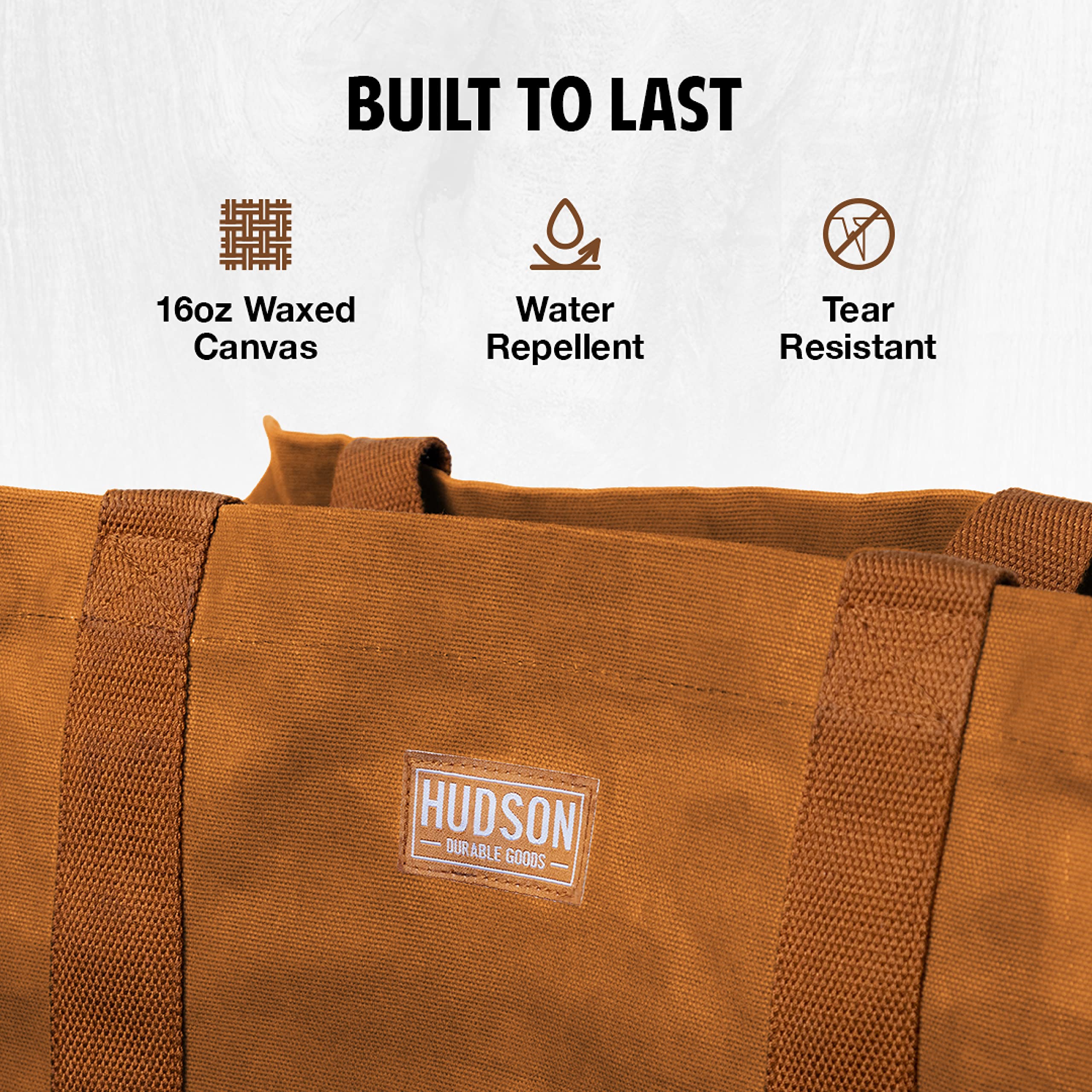 Hudson Durable Goods Premium Quality Waxed Canvas Firewood Carrier - 20β W x 17β H Large Firewood Bag with Enclosed Sides, Webbed Cotton Straps, & 2 Big Pockets - Water Repellent Fireplace Log Holder