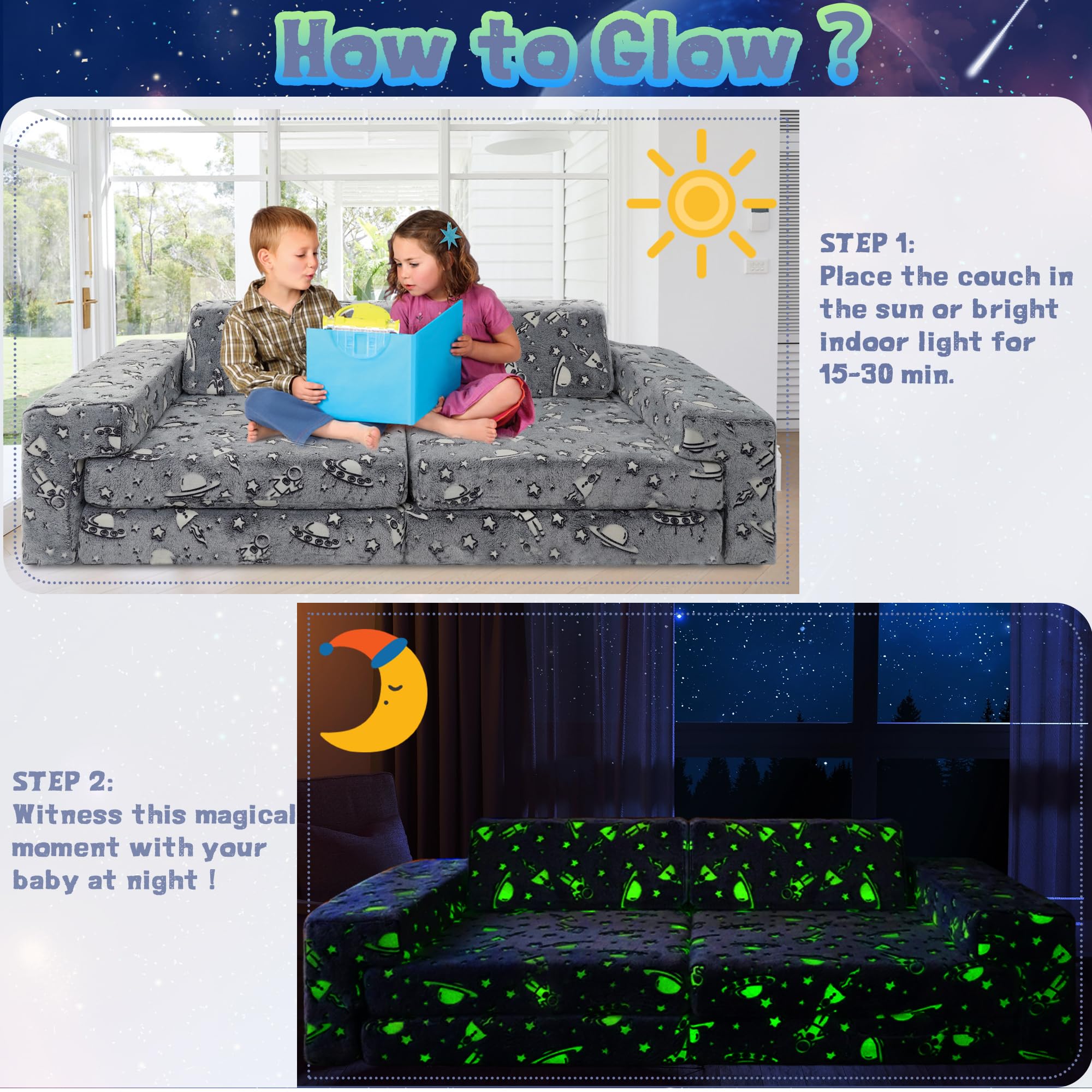 LFCREATOR Kids Play Couch, Modular Toddler Glow Sofa for Playroom Bedroom,Imaginative Convertible Play Couch for Boys Girls.Gift for Kids.Spaceman