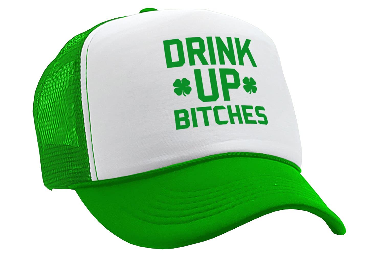 Drink UP Bitches - st Patricks Day Party Paddy - Vintage Retro Style Trucker Cap Hat (Neon Green)