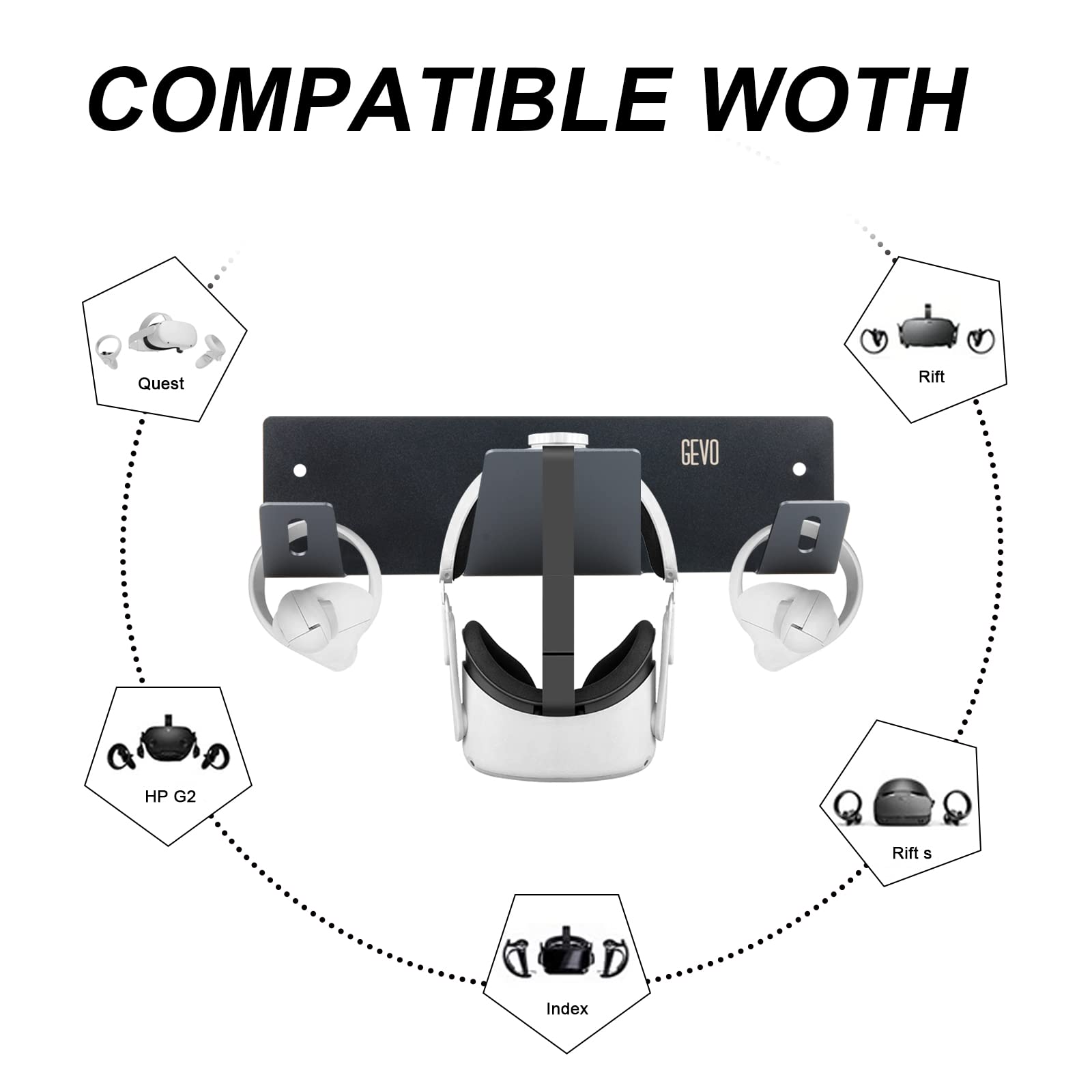 GEVO Wall Mount Multifunctional Stand Hook for Oculus Quest 3, Quest 2, Quest, Rift, Rift S, Valve Index, HTC Vive, HP Reverb G2, PlayStation VR Headsets Controllers, Universal Storage Stand Hook