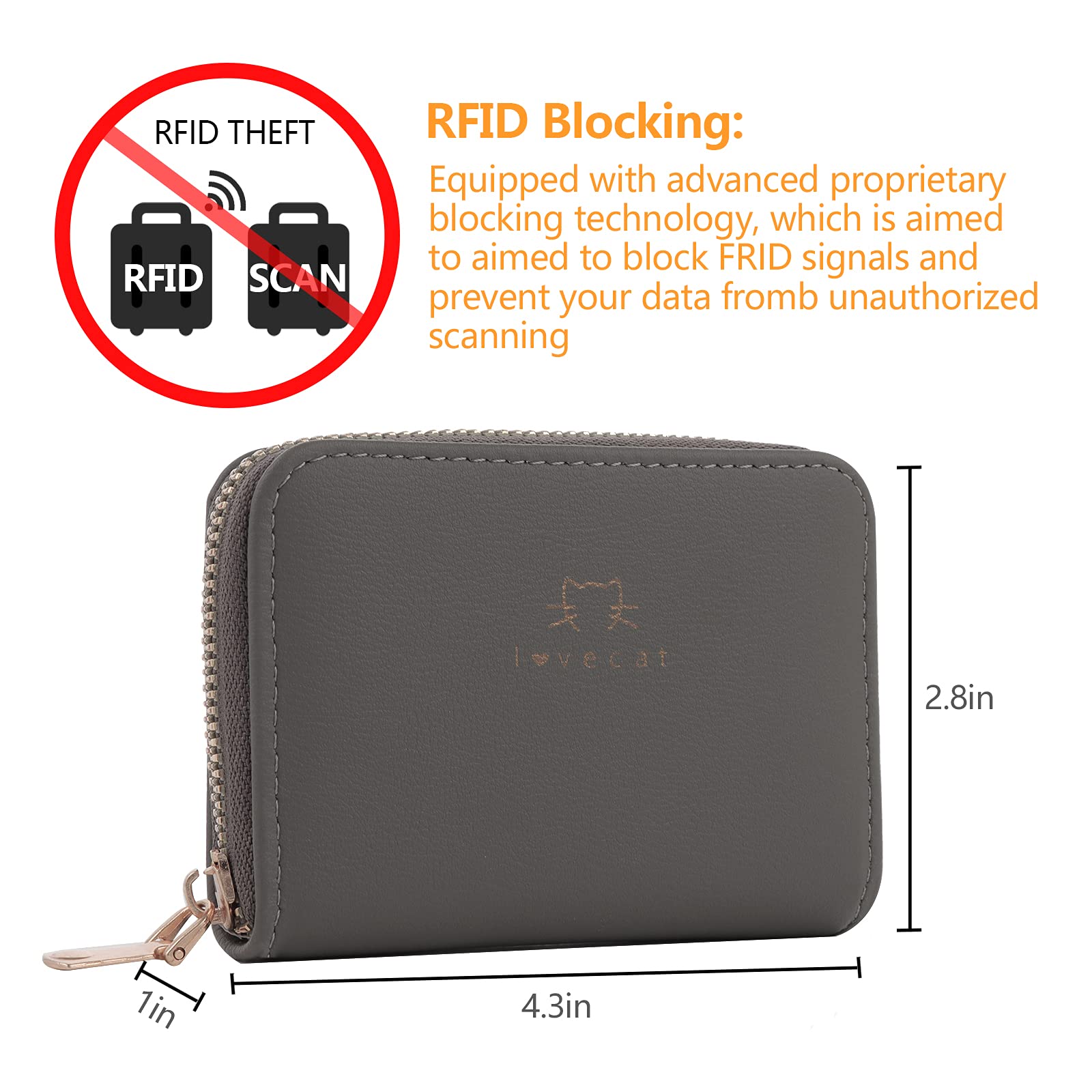 EXT-FAN Credit Card Holders RFID Small Wallet for Women Zip Coin Purse Compact Card Cases & Money Organizers (Grey)