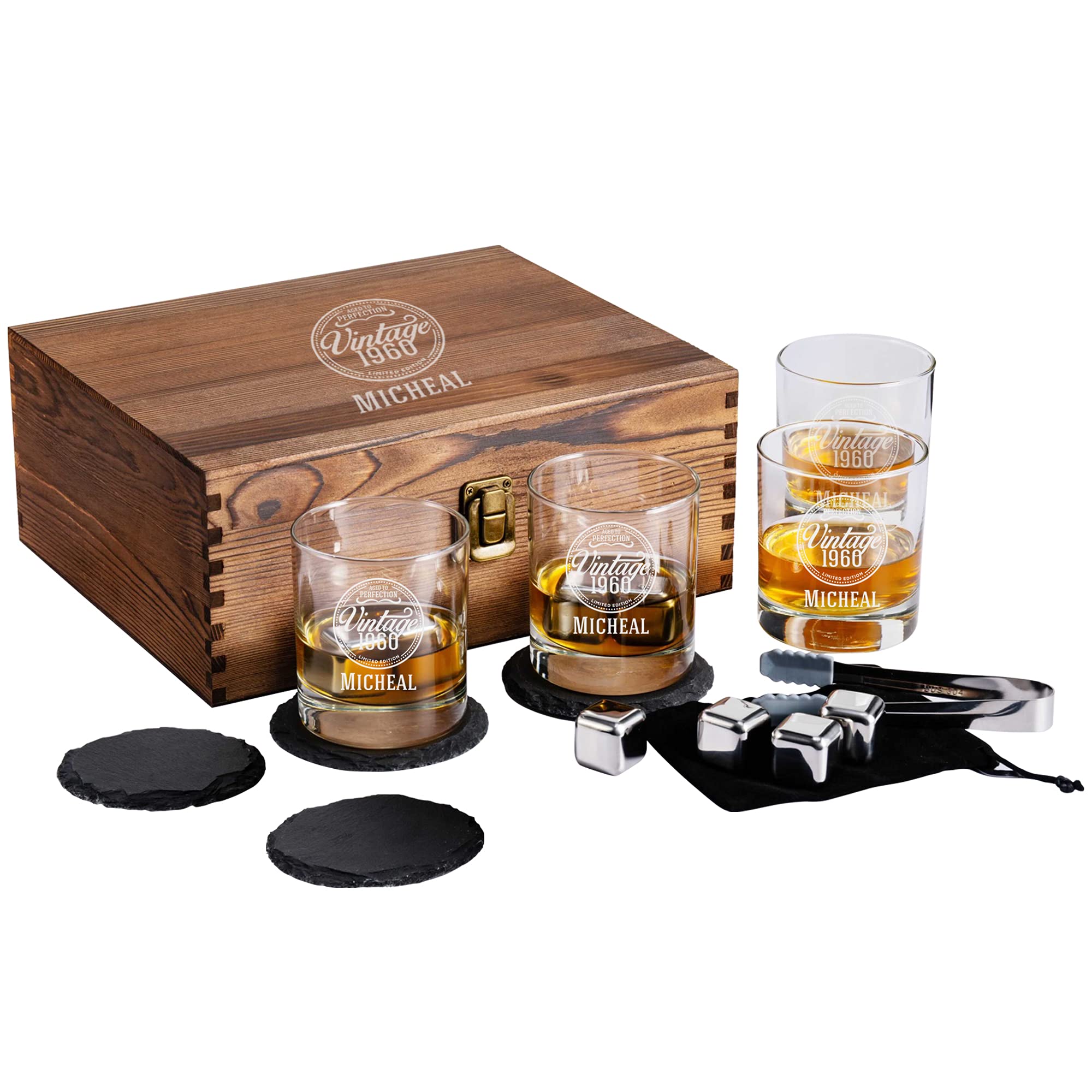 Froolu Personalized Vintage Scotch Whiskey Glasses - Customize Name & Year - 4 Premium Vintage Designs - Gift for Dad, Brother, Son, Husband - Great for Birthday, Anniversary, Christmas - Etched
