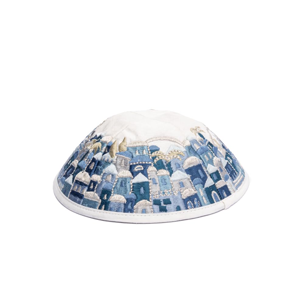 Yair Emanuel Premium Tallit Silk Embroidered Jerusalem Vista | Blue and White Tallis Prayer Shawl