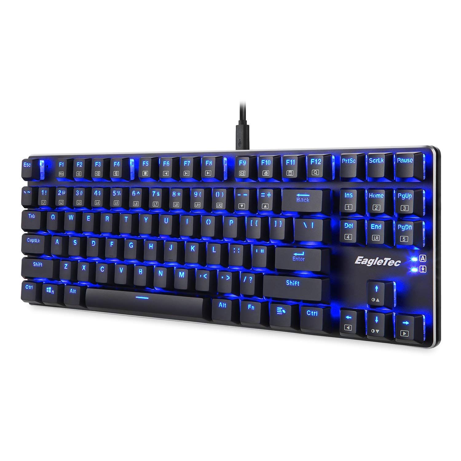 EagleTec KG060-BR LED BLUE Backlit Mechanical Gaming Keyboard Low Profile Mechanical Gamers Keyboard 87 Key Metal Mechanical Computer USB Gaming Keyboard for PC (BLACK)