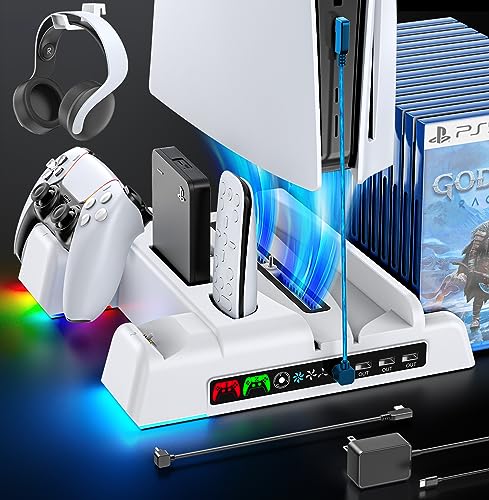 PS5 Stand and Cooling Station with AC Adapter, PS5 Cooling Fan with RGB LED Controller Charging Station for Playstation 5 Console, PS5 Accessories with Controller Charger, 3 USB Hub, Headset Holder