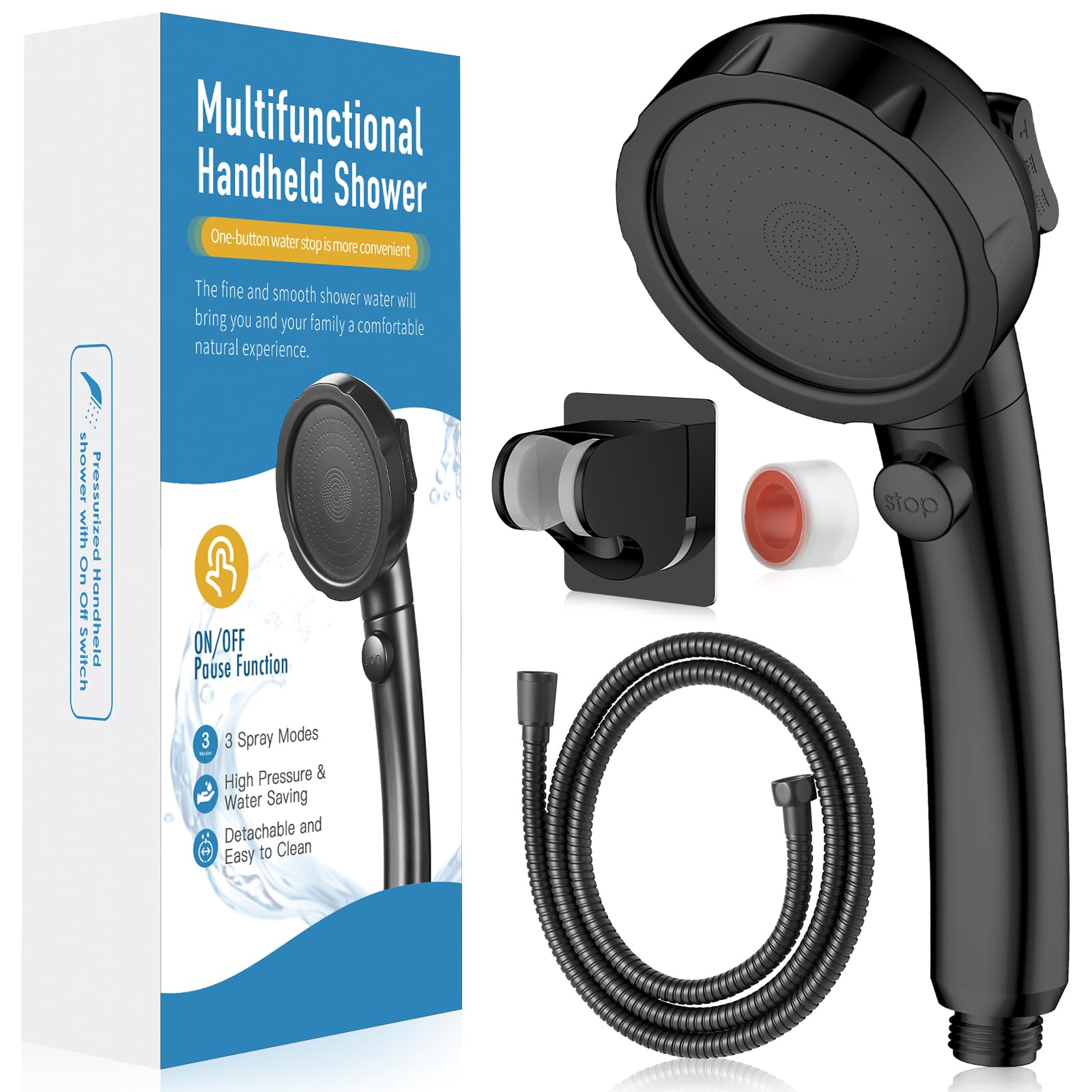 HEROBAI High Pressure Shower Head with Handheld, On Off Shower for RV, Water Saving Shower Head with Stop Button and 3 Modes, Detachable RV Shower Head with Hose and Self-Adhesive Bracket (Black)
