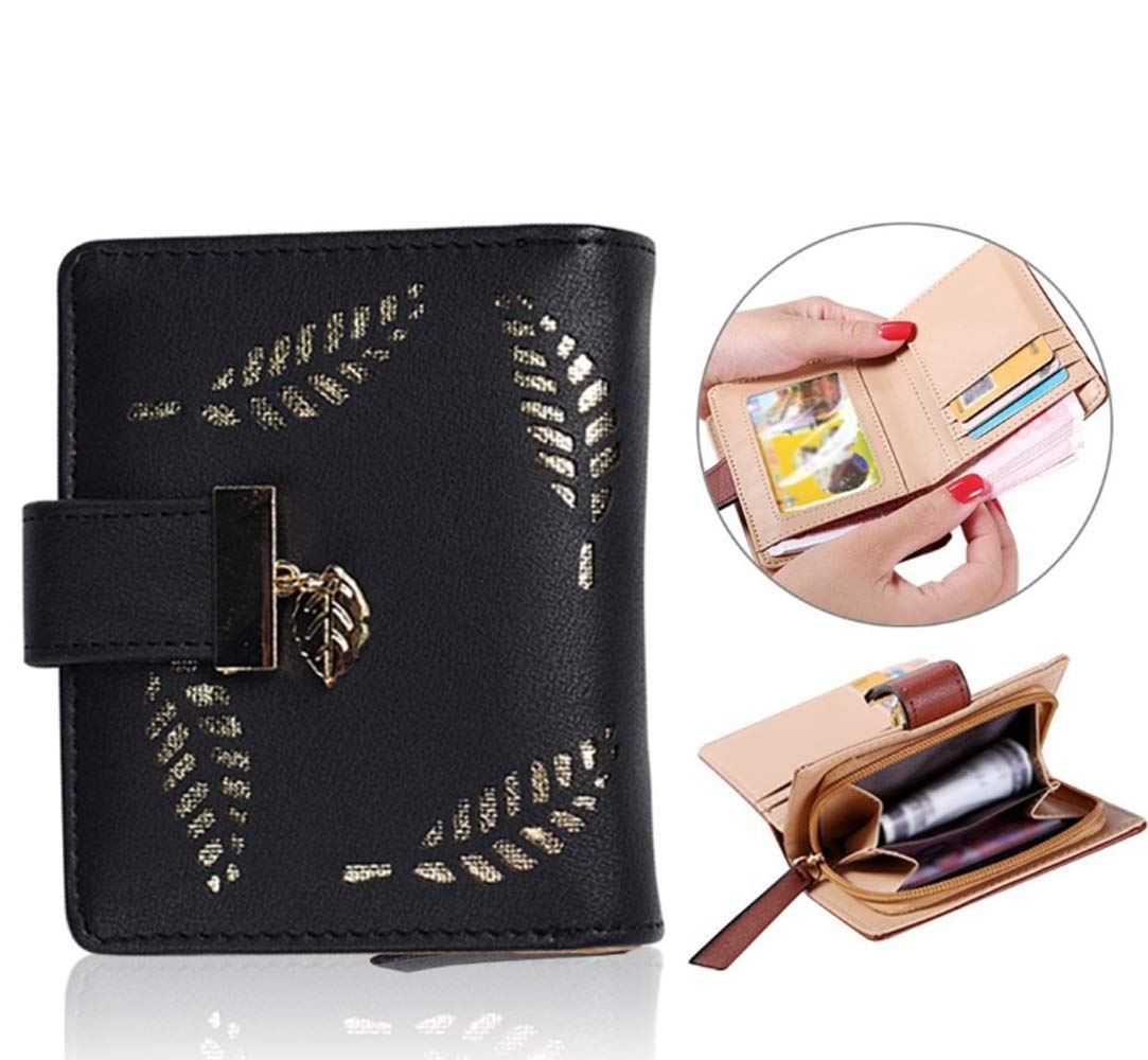 YaJaMa Women's Leaf Short Bifold Wallet Leather Credit Card Holder Case Clutch (Short Black)