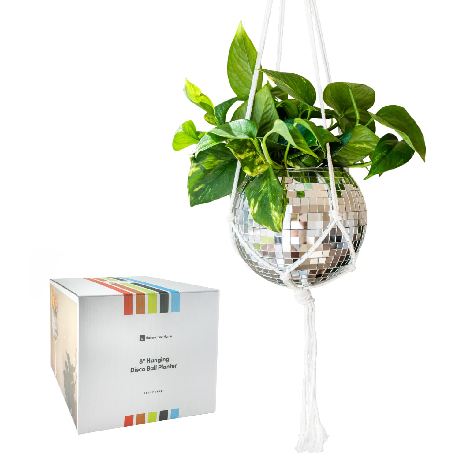 Havenstone Home Hanging Disco Ball Planter 8" - with Macrame Plant Hanger - for Indoor or Outdoor Plants - Includes Soft Macrame Cotton Rope Hanger - Home Décor, Room Décor, Patio or Boho Décor