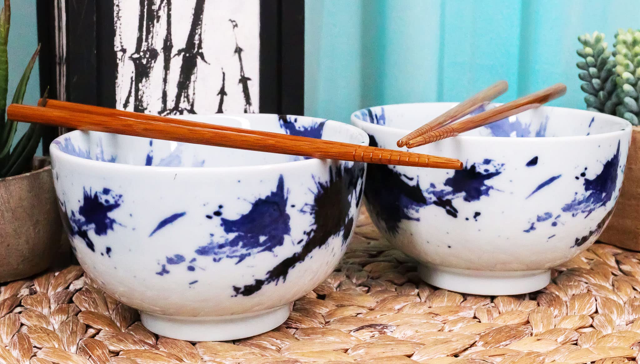 Ebros Gift Made In Japan Blue Splash Paint Abstract Art Design Porcelain Bowls With Bamboo Chopsticks Set Of 2 For Salad Ramen Pho Soup Cereal Home Kitchen Decorative Japanese Artistic Bowl