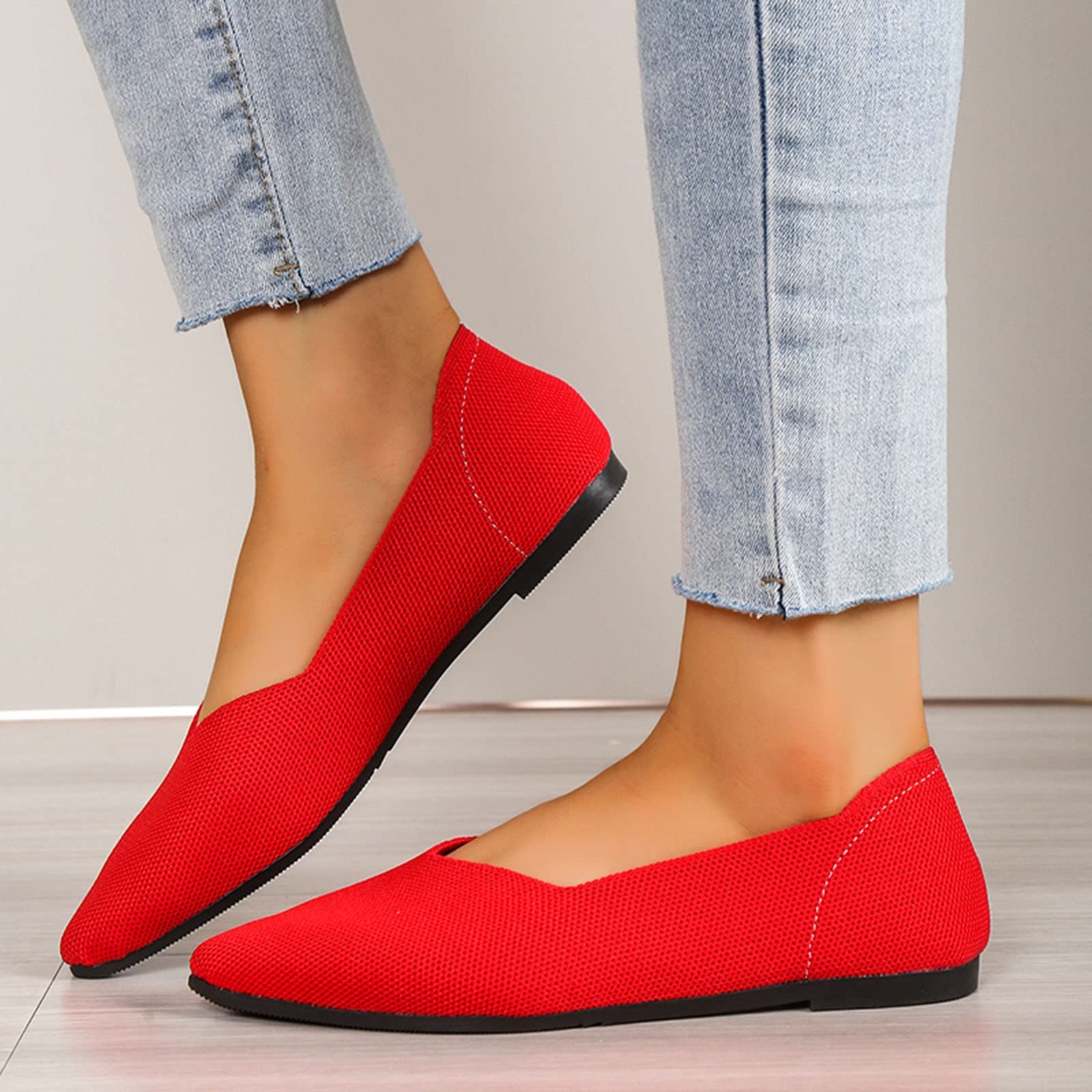 FASDNENDYS Ladies Fashion Solid Color Breathable Mesh Pointed Comfort Flat Casual Shoes Mens Shoes Red