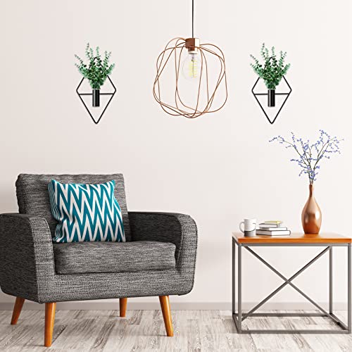 Jexine 2 Pcs Hanging Planters with Artificial Plants Metal Hanging Vase Indoor Plants Holder Modern Geometric Wall Decor for Living Room Home Office (Black, Eucalyptus)