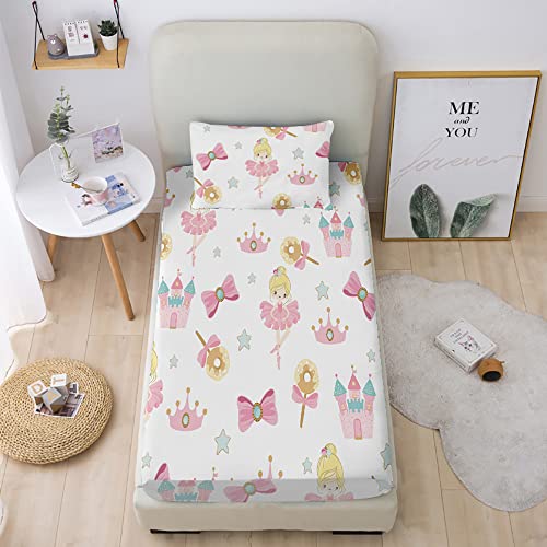 Jeyfull Pink Princess Fitted Sheet Set for Kids Girls Teens Donut Dancing Castle Crown Bed Sheet Queen Size 3D Print Dreaming Style Sheet Set 3 Piece