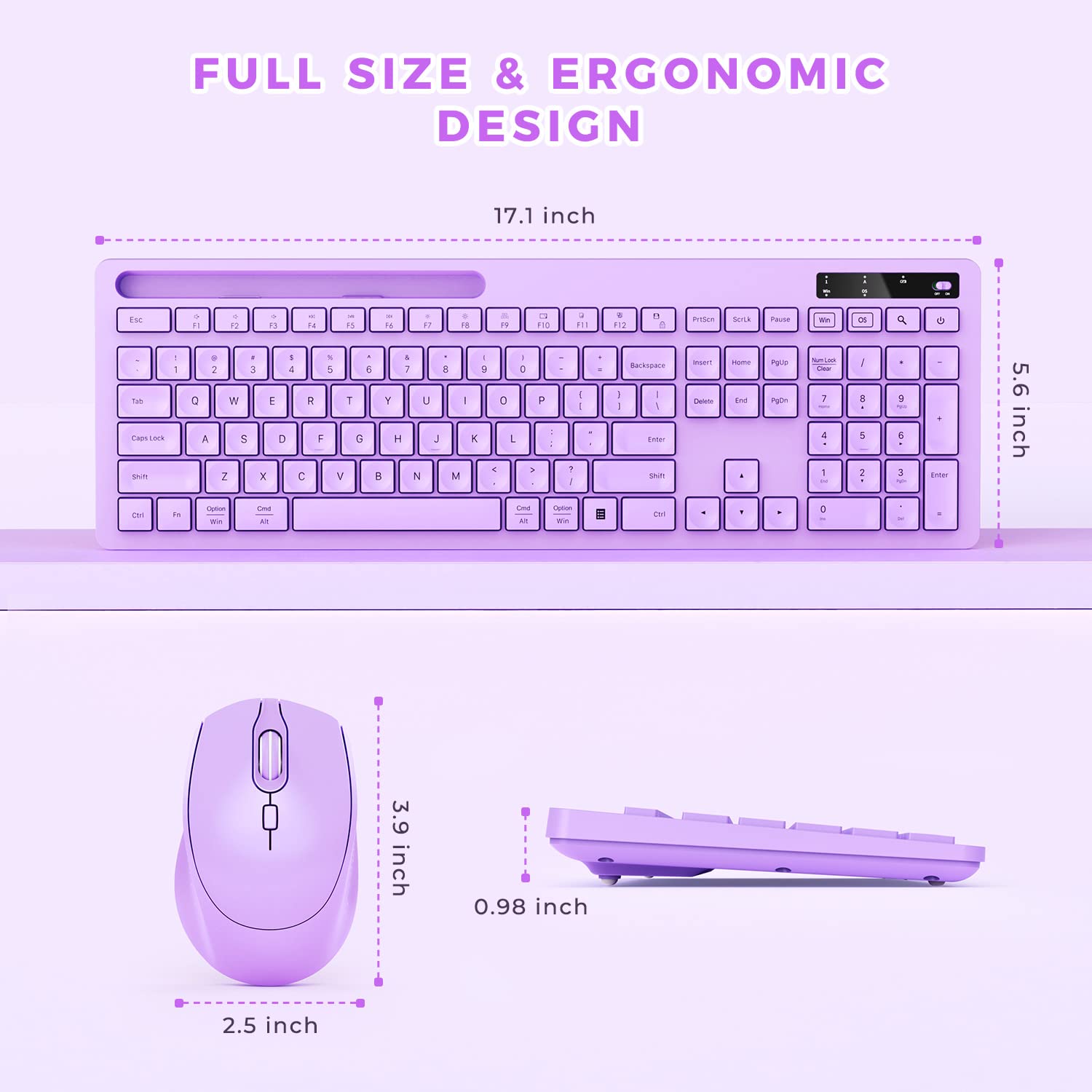 Keyboard and Mouse Wireless, Vivefox Wireless Keyboard with Phone Holder USB A & Type C Receiver Cute Keyboard and Mouse Compatible for Windows, Mac, MacBook/Air/Pro Computer (Purple)