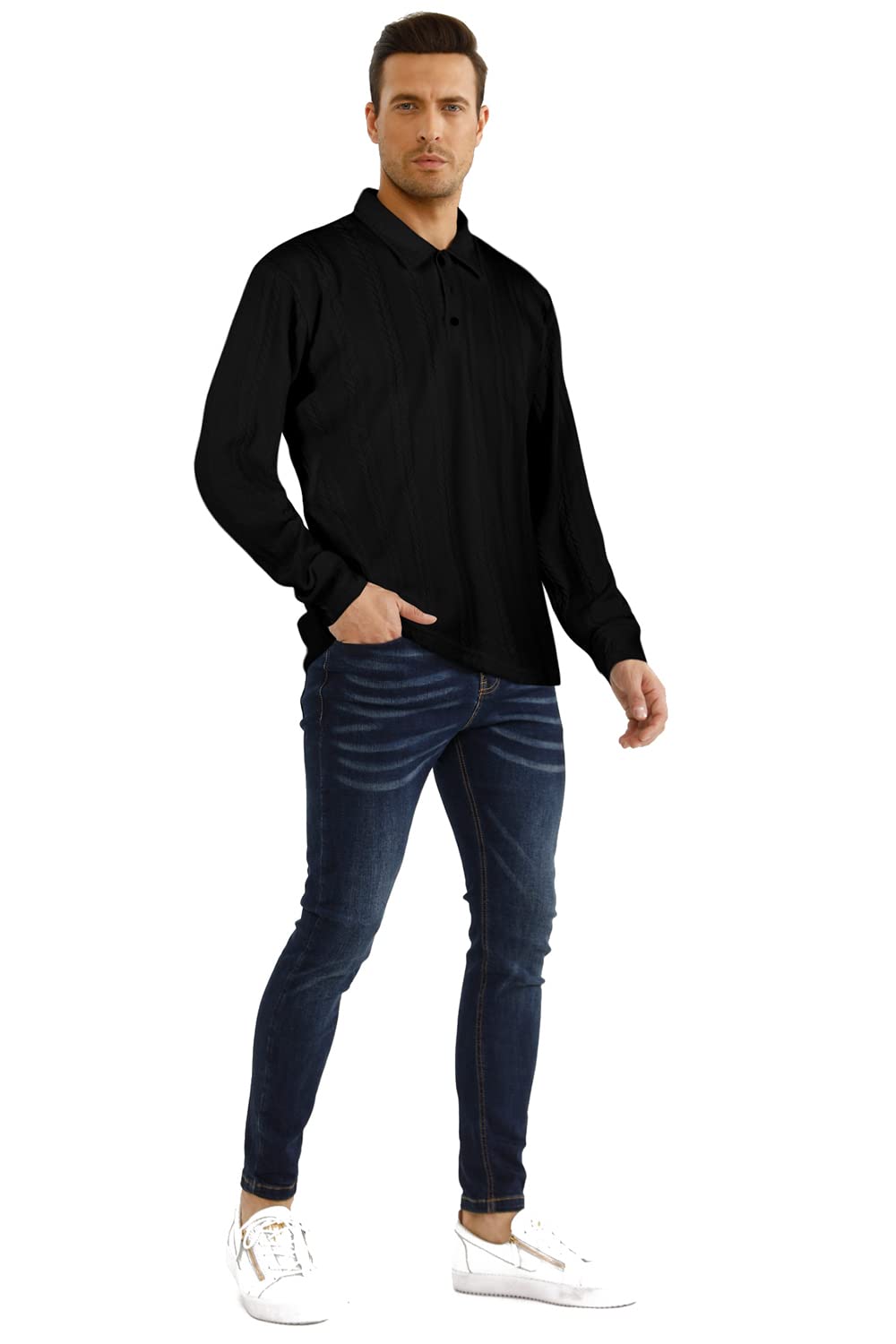 GINGTTO Mens Long Sleeve Collared Polo Sweater Cotton Ribbed Knit Golf Shirt for Men Black XL