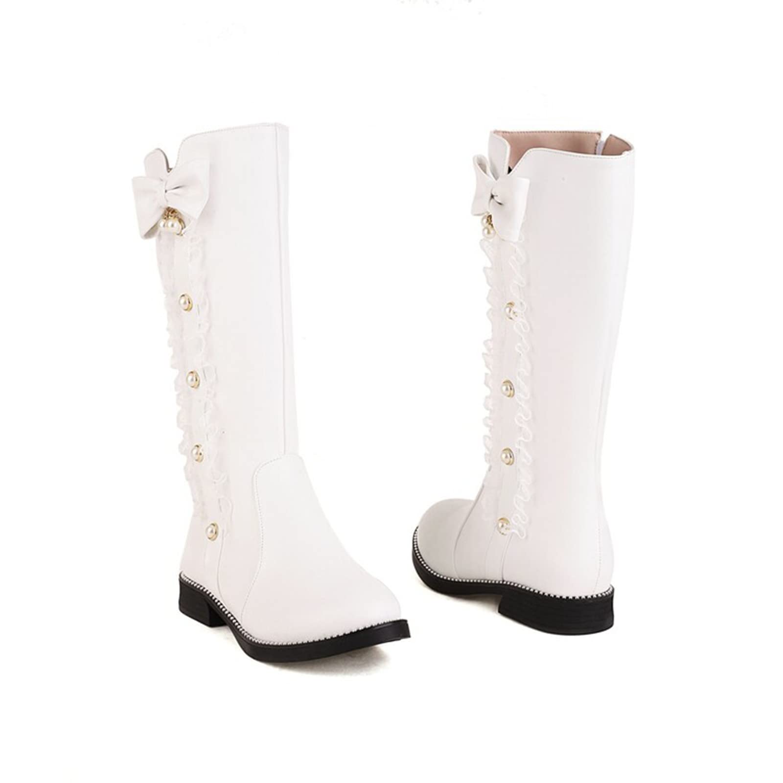 FASDNENDYS Ladies Cute Fashion Bow Solid Color Flat Round Toe Square Heel Middle Long Student Style Boots Low Rubber Shoes Women White