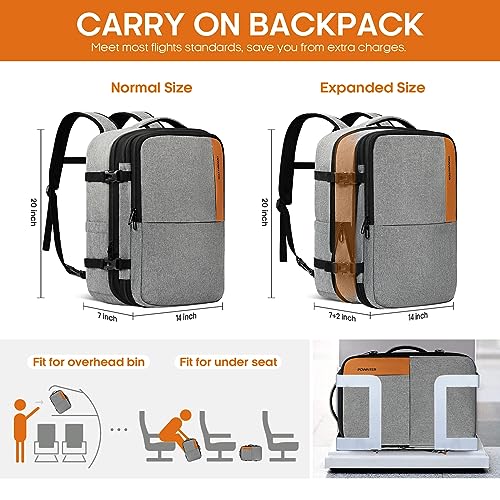POWAITER Travel Backpack for Women Men, Carry On Backpack Flight Approved Fits 17 Inch Laptop with 4 Packing Cubes for Travel & Business Trip-Gray