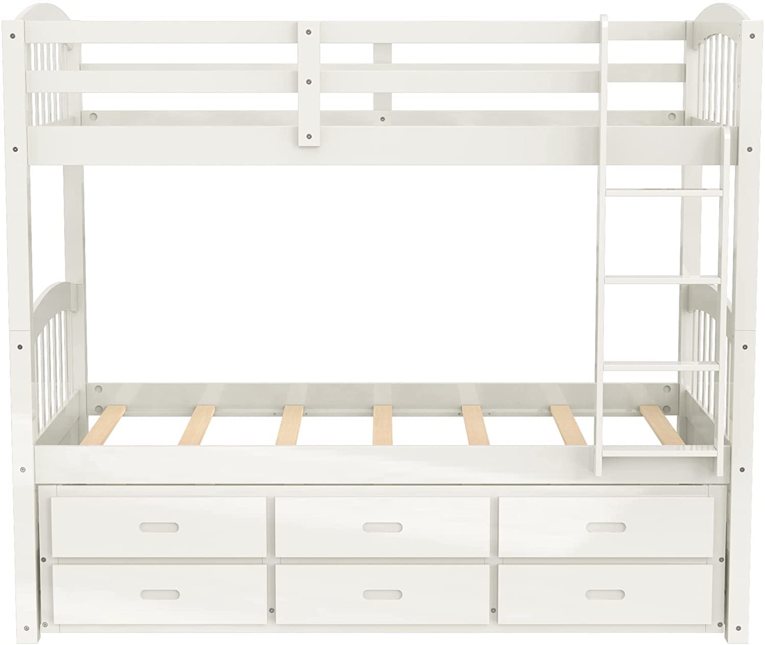 DNYN Twin Over Twin Bunk Bed with Trundle and 3 Storage Drawers for Kids/Adult Bedroom,Solid Wood Bedframe,Space-Saving Design & No Box Spring Needed, White