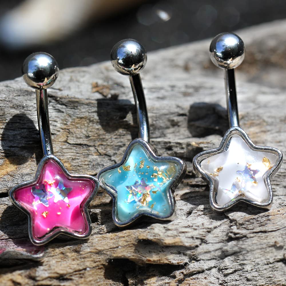 Dynamique 316L Surgical Steel Rainbow Glitter Star Belly Button Ring (Sold Per Piece)