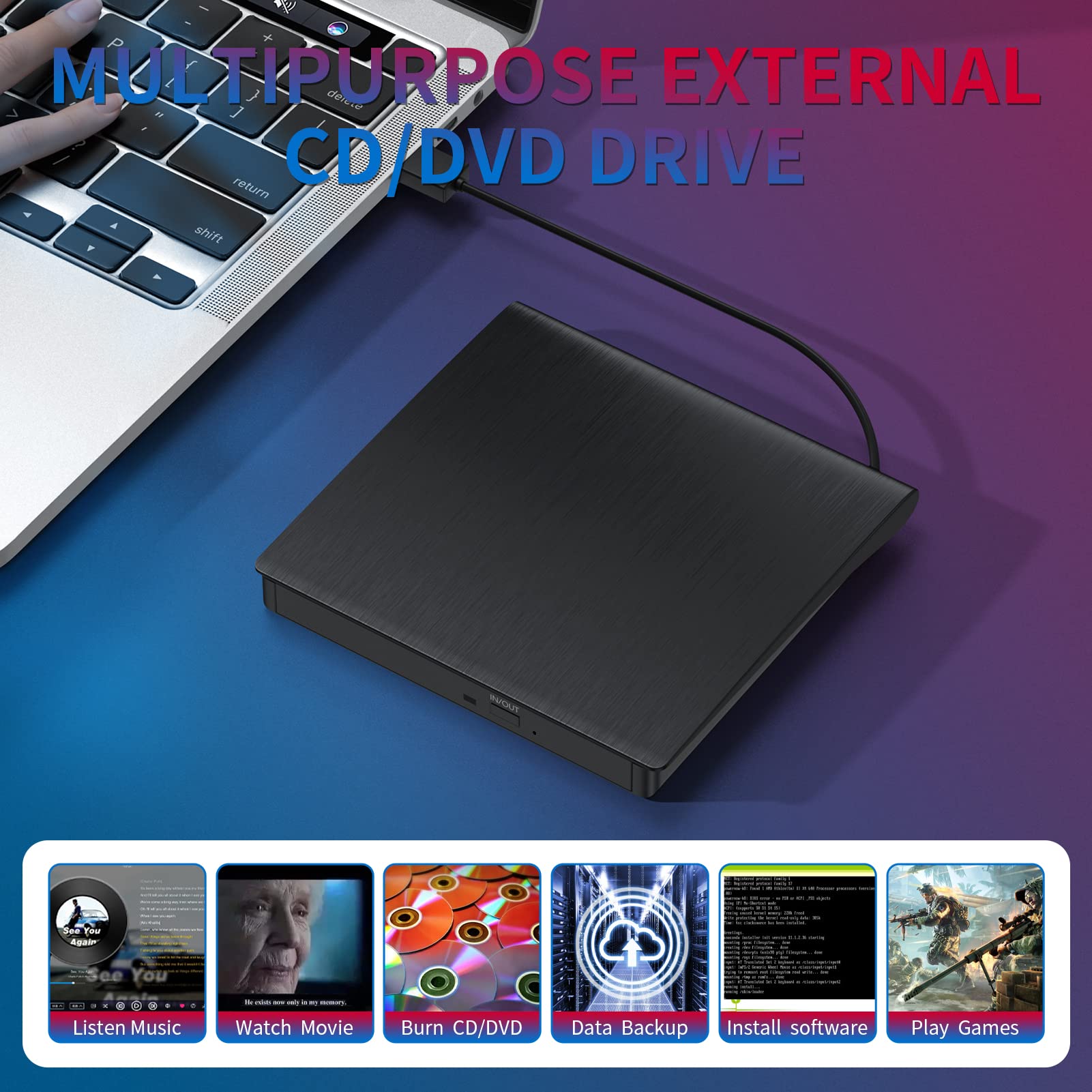 External CD/DVD Drive for Laptop, USB 3.0 CD Burner Portable CD/DVD Optical Drive Player Reader Writer, Compatible with Laptop Desktop PC MacBook Mac Windows Linux OS (Black)