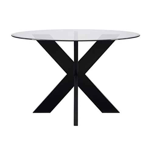 Powell Black Wood Modern Round Glass Top Parnell X Base Dining Table