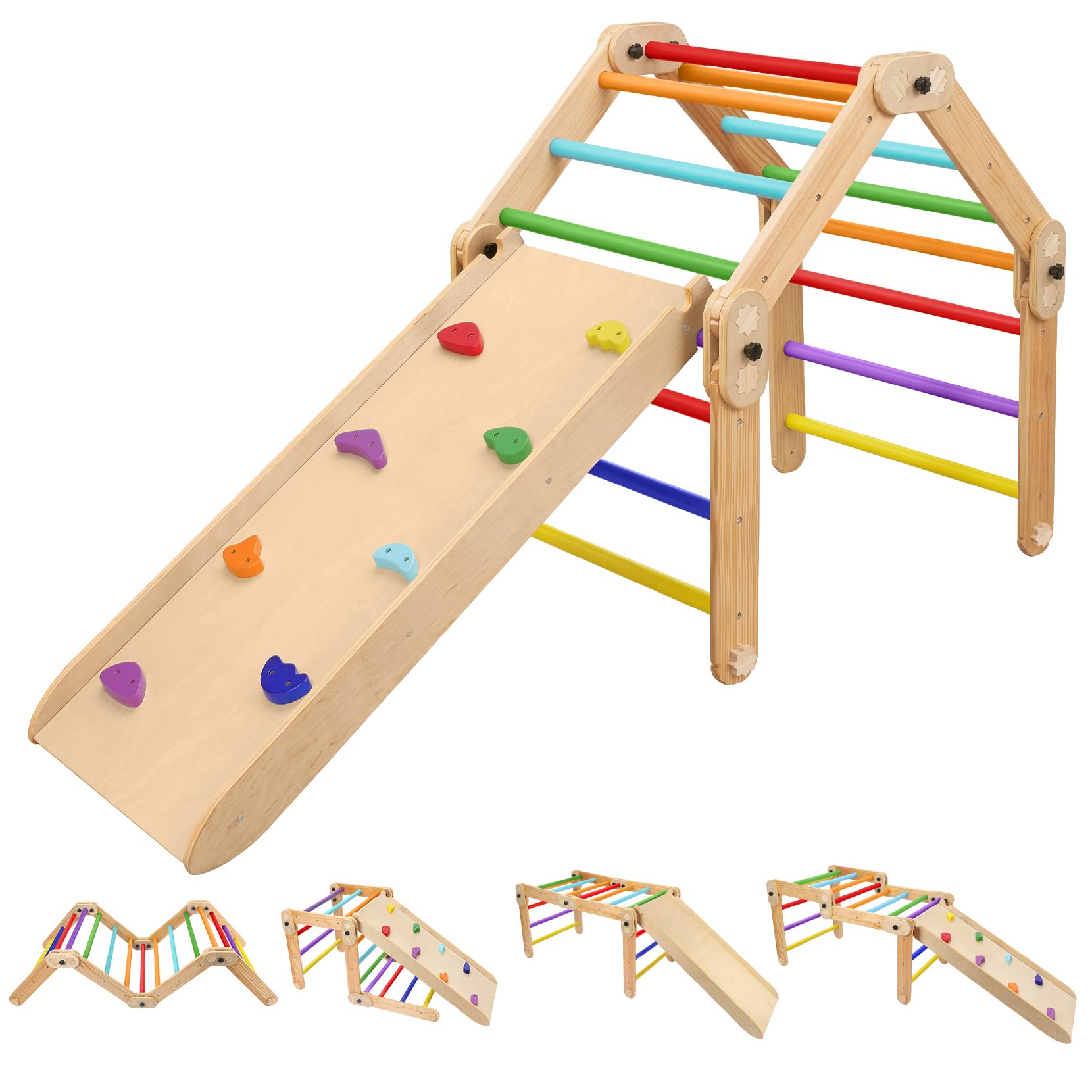 Dripex Pikler Triangle Set, Foldable 20-in-1 Climbing Triangle with Thickened 2-in-1 Ramp, Montessori Wooden Indoor Playground and Gym for Toddlers(Colorful)