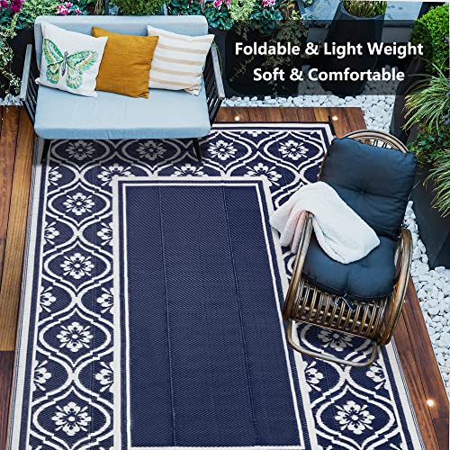 HUGEAR RV Outdoor Rug Waterproof Mat Outdoor Rugs 6'x9' for Patios Clearance Carpet Outdoor Camping Rugs Large Plastic Straw Rug (Lantern Navy Blue&White)