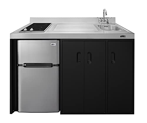 Summit Appliance CK54SINKR 54" Wide All-In-One Kitchenette, Stainless Steel Sink and Faucet, 2-door Refrigerator-freezer, 2-burner Smooth-top Cooktop, Indicator Lights, Storage Compartments