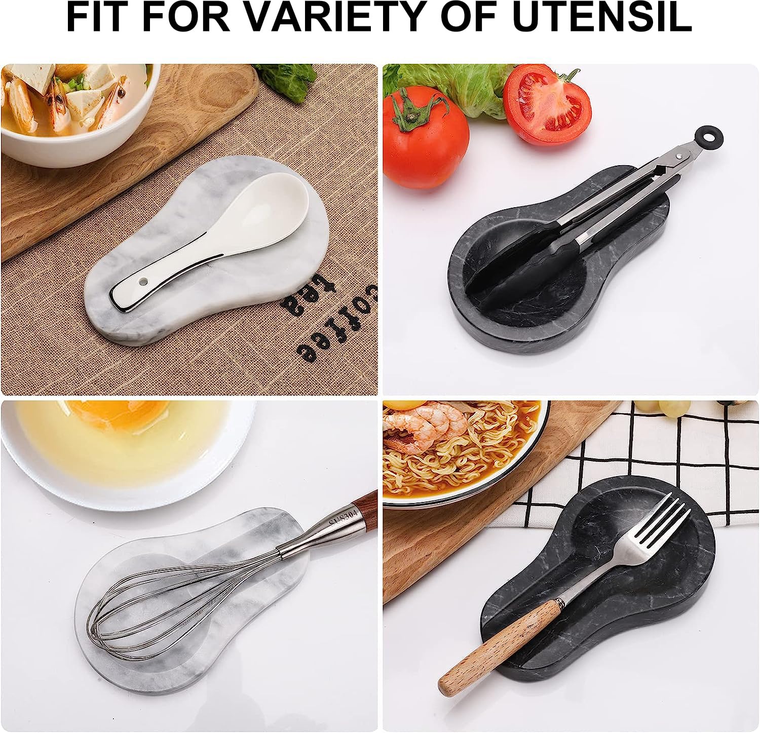 HESHIBI Spoon Rest, 2 Packs Marble Spoon Rest for Kitchen Stove Countertop, Marble Utensil Holder, Perfect for Spatula, Ladle, Fork (White and Black)