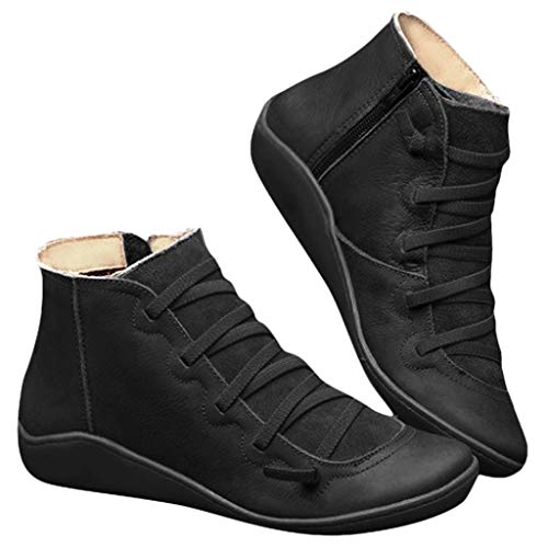 FASDNENDYS Leather Round Casual Lace-up Women's Boots Shoe Side Toe Flat Short Leather Riding Boots for Women Black
