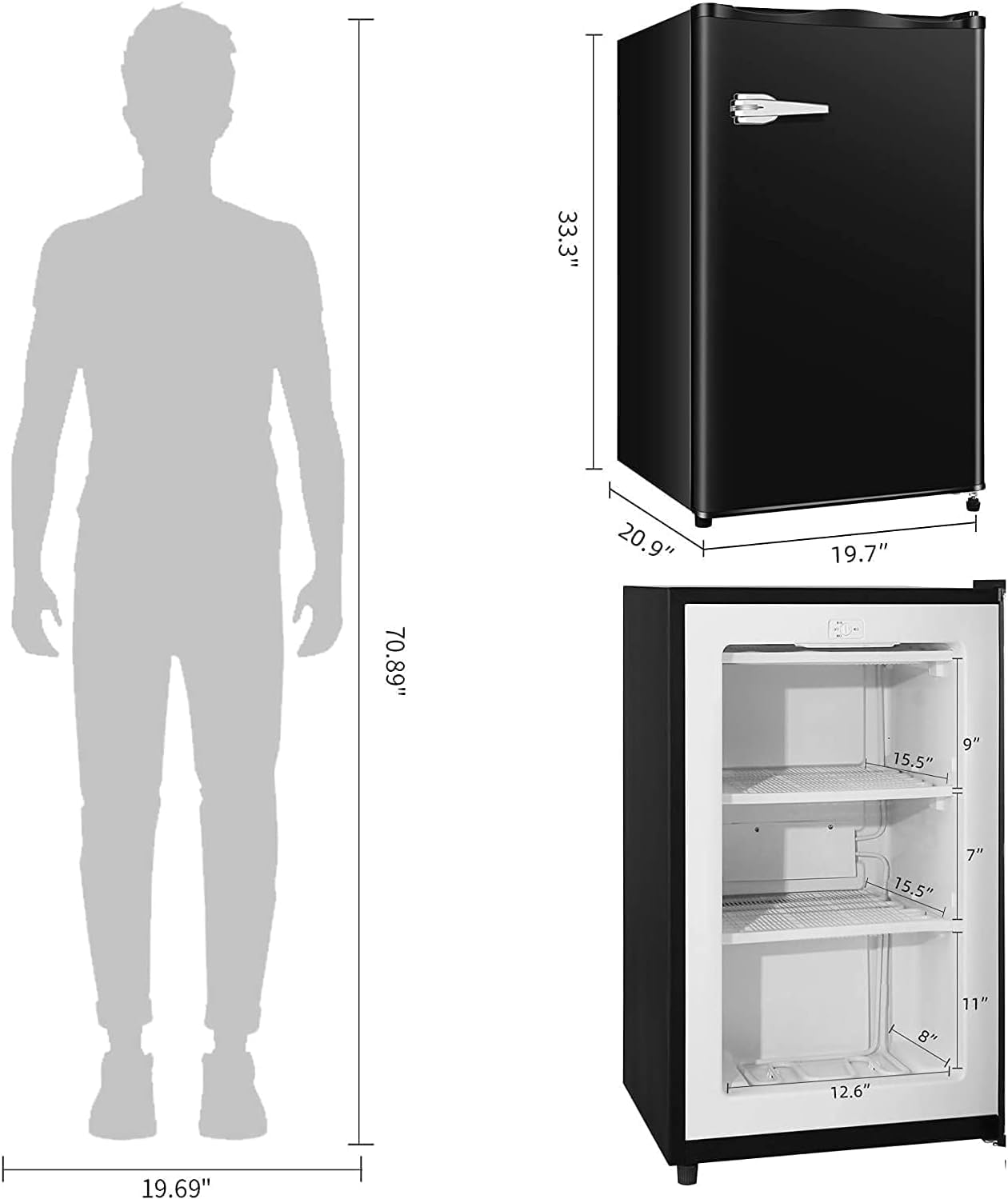 LHRIVER Mini Freezer Compact Upright Freezer, 1.2Cu.ft Small Freezer with Handle, Removable Shelves, Adjustable Thermostat, Low Noise Mini Freezers for Bedroom, Apartment, Home, Office, Black