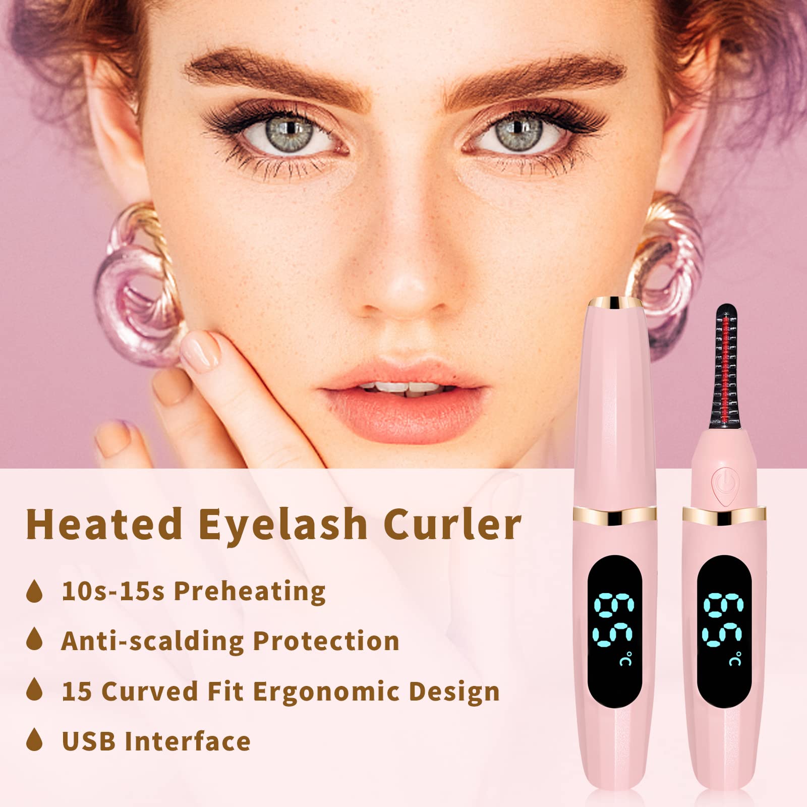 Heated Eyelash Curler, Heated Lash Curler Electric Eyelash Curler with Comb 3 Temp Settings for Makeup Tools for Achieving A Natural Curl and Long Lasting Eyelashes, Designed for Women, Pink,A