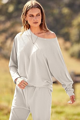 PRETTYGARDEN Women's 2023 Fall Fashion Outfits 2 Piece Sweatsuit Solid Color Long Sleeve Pullover Long Pants (Off-white,X-Large)
