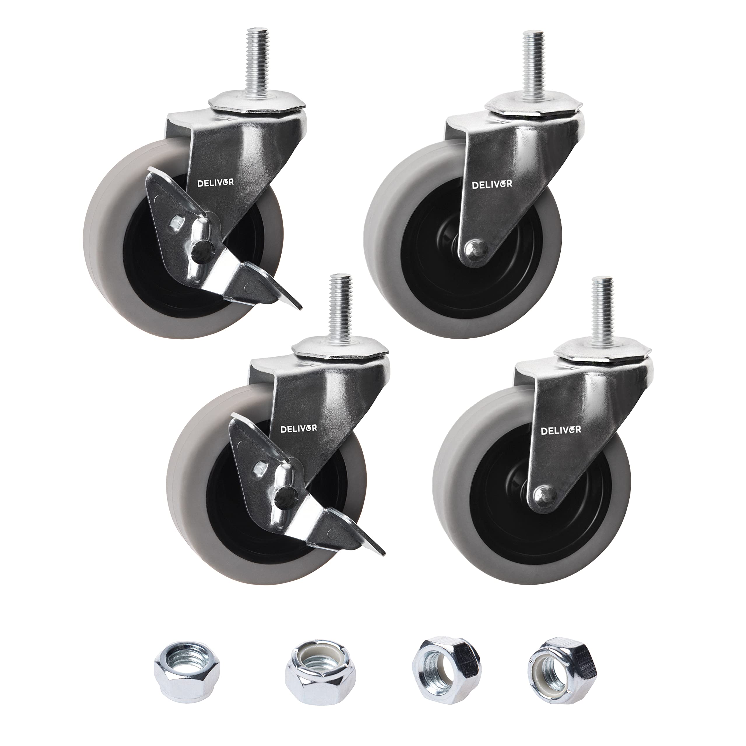 DELIVeR 3 Inch, Locking Swivel Caster Wheels, Set of 4,Heavy Duty with Nylon Nuts for Carts, Replacement Rubber Wheels, Threaded Stem 3/8â-16 x 1â Caster, 130 Lbs Per Caster