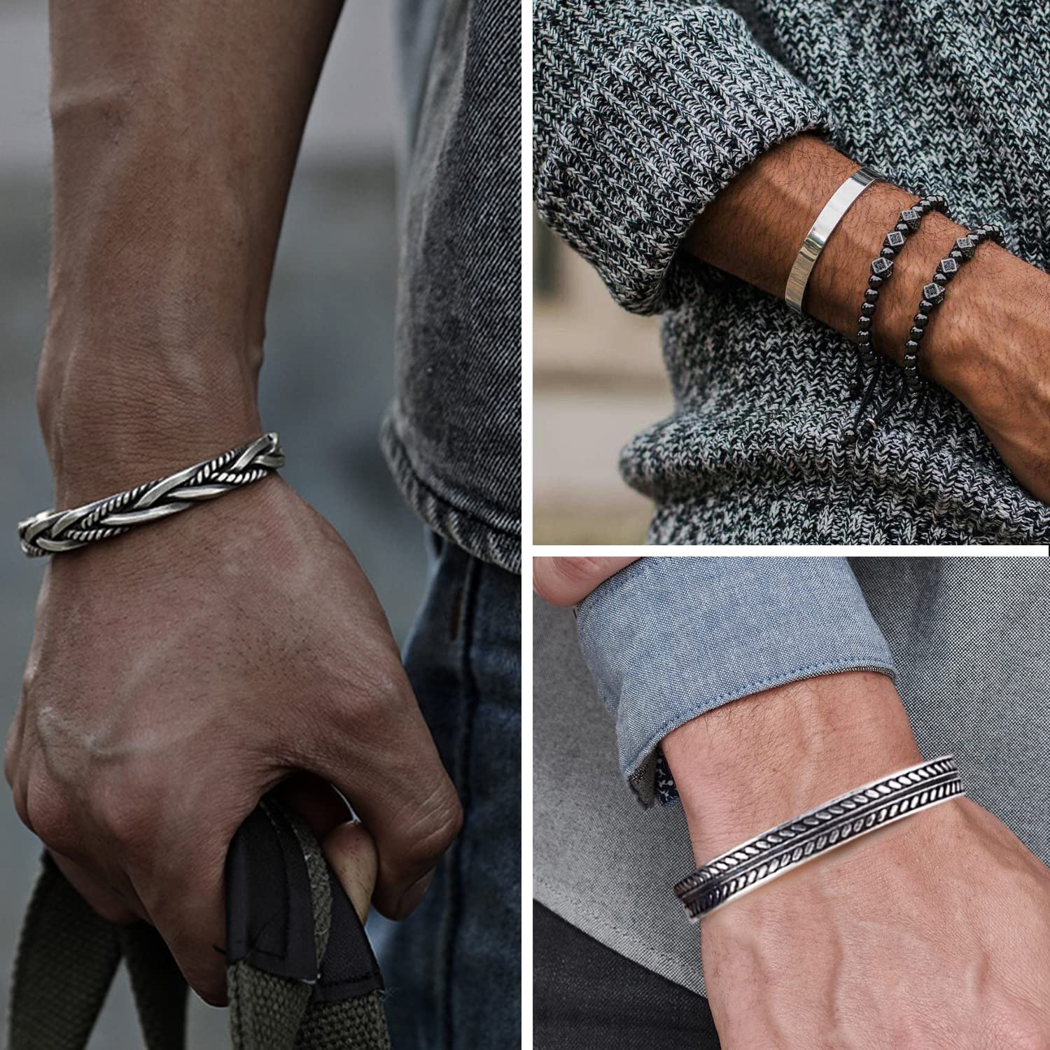 GIFIKOI Men's Cuff Bracelets Stainless Steel Silver Chain Bracelet for Men Silver Open Cuff Bracelet