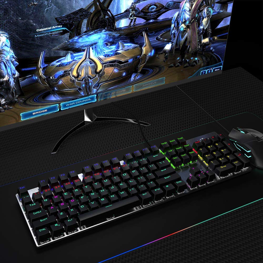 FIODIO Mechanical Gaming Keyboard, Fantastic LED Rainbow Backlit Wired Keyboard, Full Anti-Ghosting Keys, with Quick-Response Blue Switches and Multimedia Control for PC and Desktop Computer (Renewed)