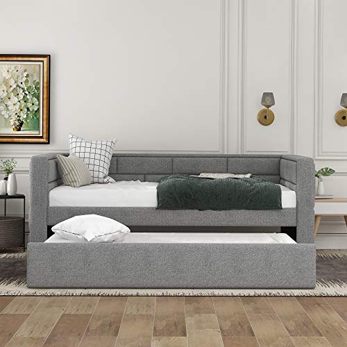 TARTOP Twin Upholstered Daybed with Trundle, Wooden Daybed Sofa Bed Frame with Padded Back, Twin Captain’s Bed for Living Room Bedroom,Gray