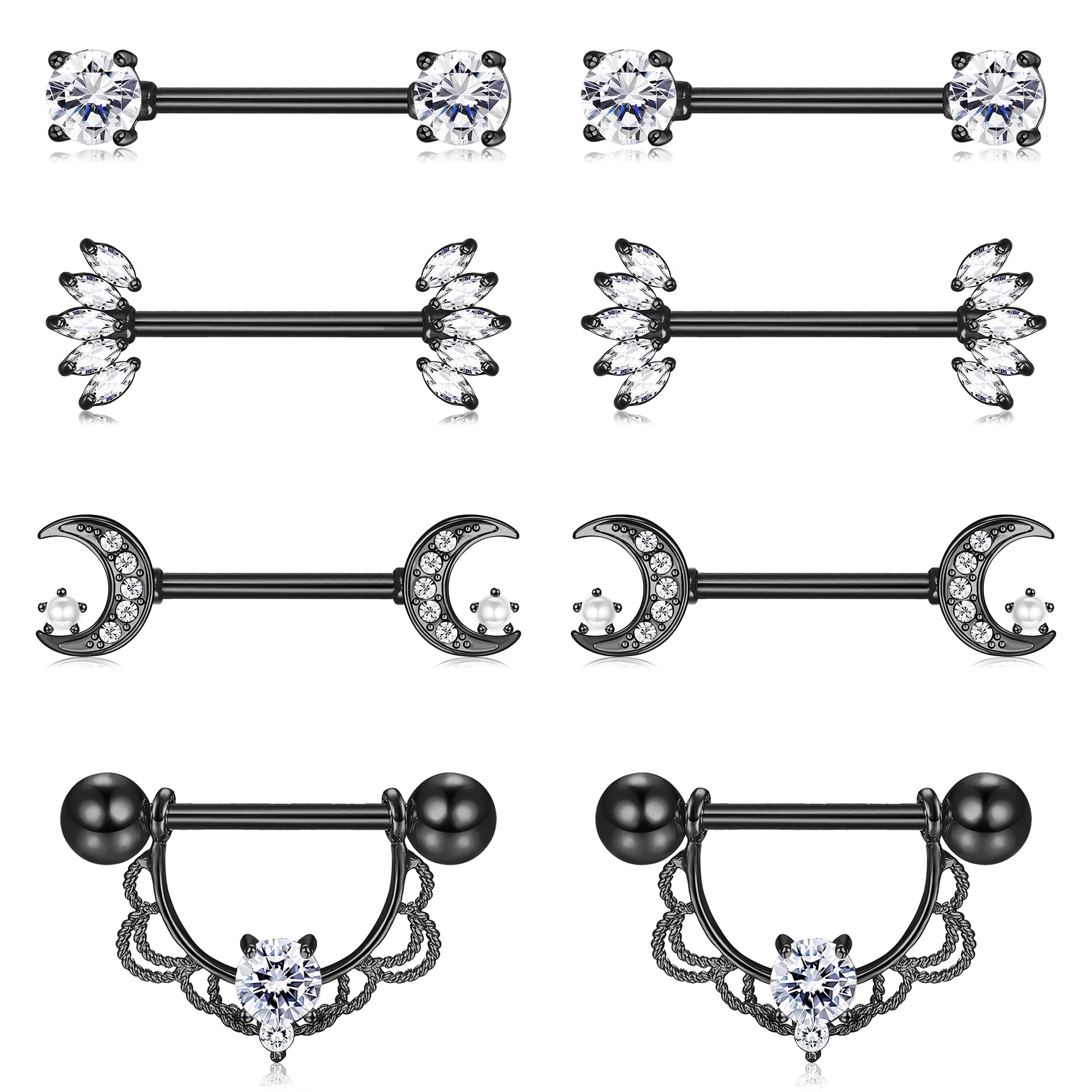 FINREZIO 4Pairs 14G Nipple Rings 316L Surgical Steel Moon Flower Nipple Tongue Ring Barbell Piercing for Women Body Piercing Jewelry