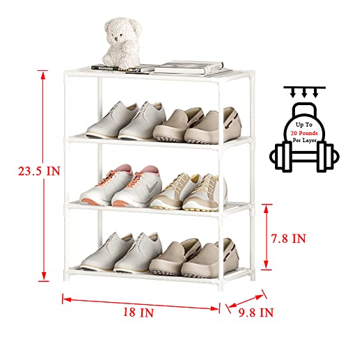 Vockot Small Shoe Rack 6-8 Pairs Sturdy Shoe Shelf 4-Tiers Narrow Stackable Shoe Organizer,Lightweight Kids Shoe Racks for Entryway, Doorway and Closet(White)