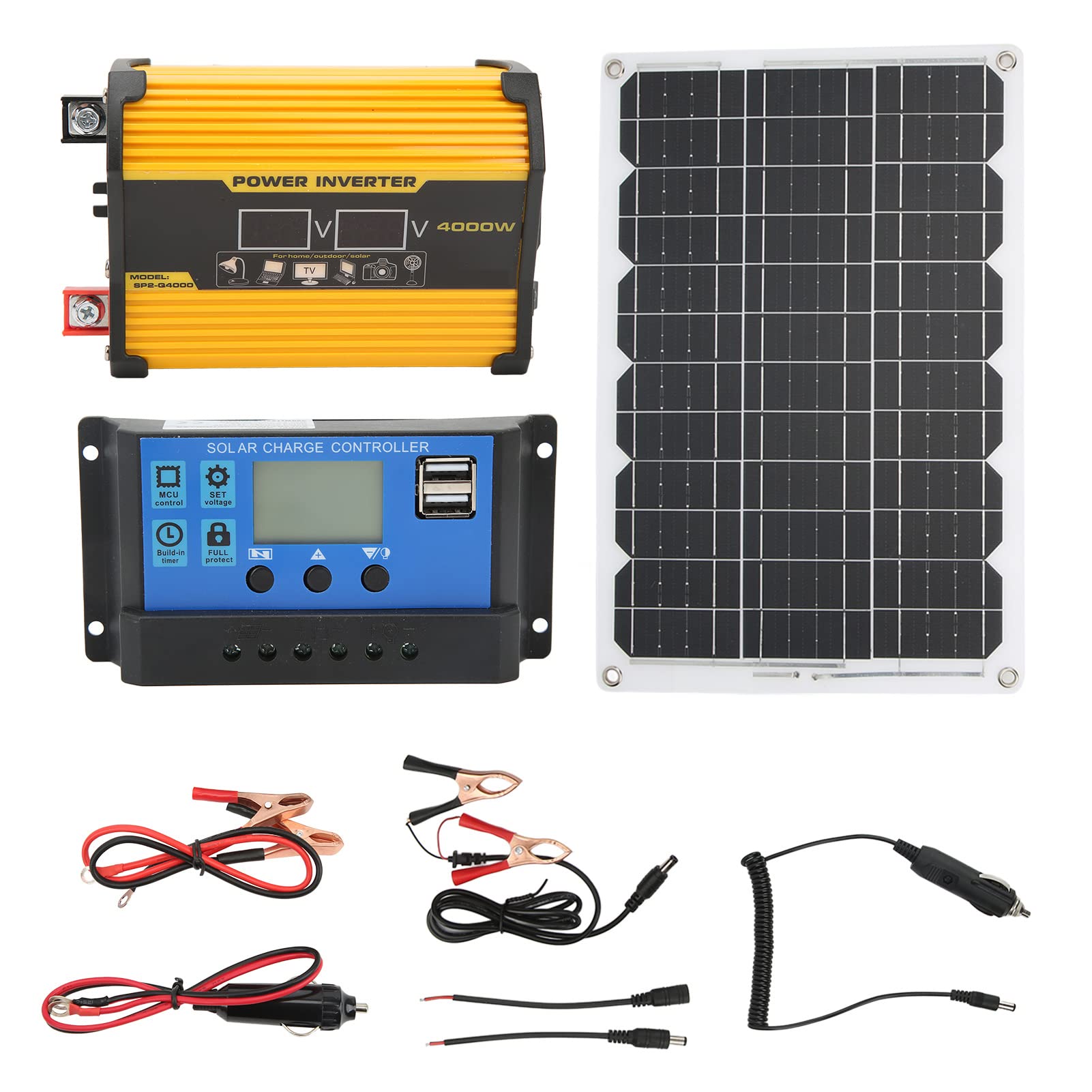 DOACT Solar Power Kit, Full Protection Solar Inverter Kit 30A Charge Controller 300W Inverter with Charging Cable for Outdoor Use (12V to 220V)