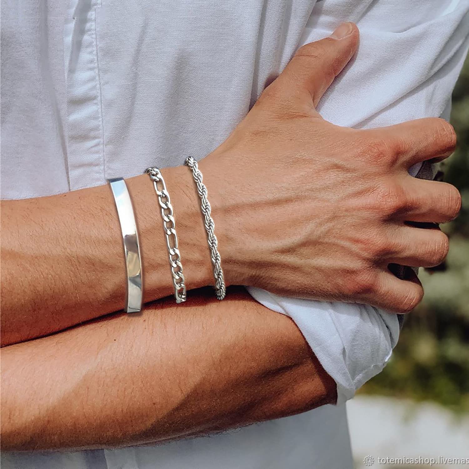 GIFIKOI Men's Cuff Bracelets Stainless Steel Silver Chain Bracelet for Men Silver Open Cuff Bracelet