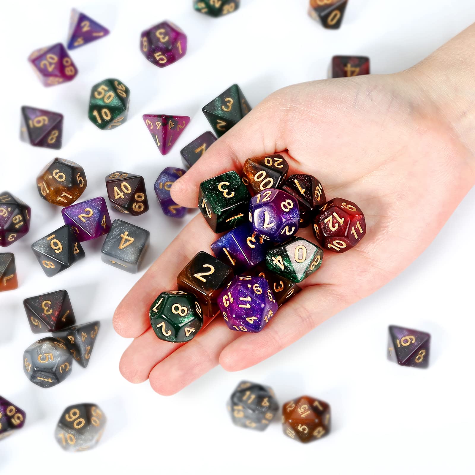 Encham 42 Pieces DND Dice Set, Polyhedral Dice with Animals Drawstring Bags, Translucent Color with Glitter Dice Set for Dungeons and Dragons, Table Games, Role Playing Games, MTG(6 Sets, 7pcs/Set)