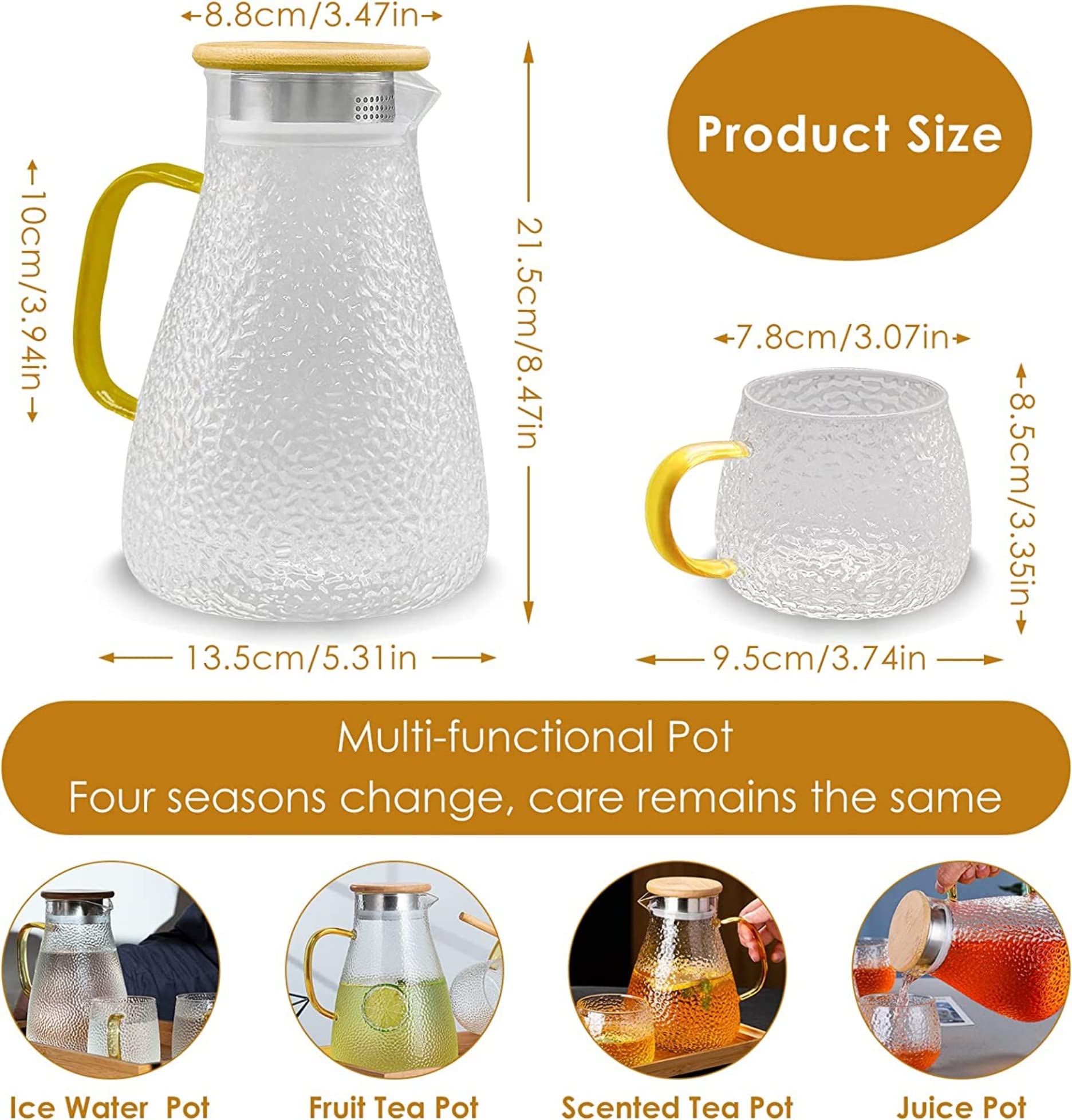 Glass Pitcher with Lid with 2 Cups, Durable 0.52 Gal Glass Pitcher with Handle with 2 Glass Cups, Water Carafe with Cups Teapot Set Gift for Hot/Cold Beverage, Juice or Tea