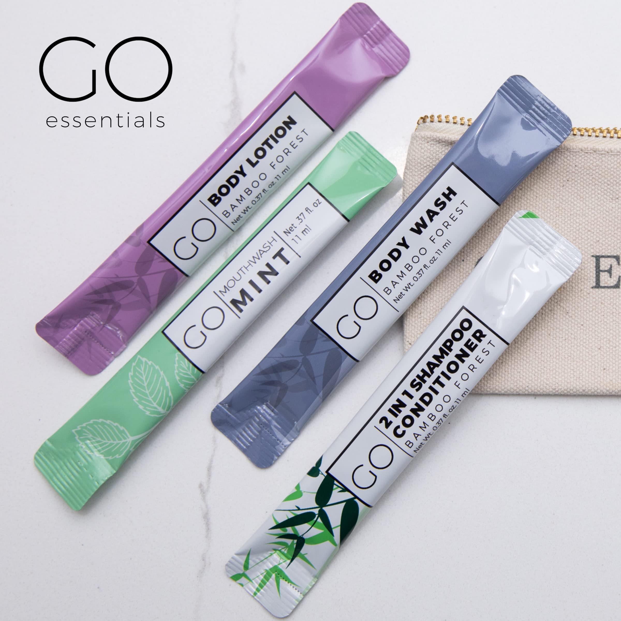 Go Essentials Travel 2 in 1 Shampoo/Conditioner 20 Unit Box Variety Pack (5 of each - shampoo/conditioner, lotion, mouthwash and body wash)