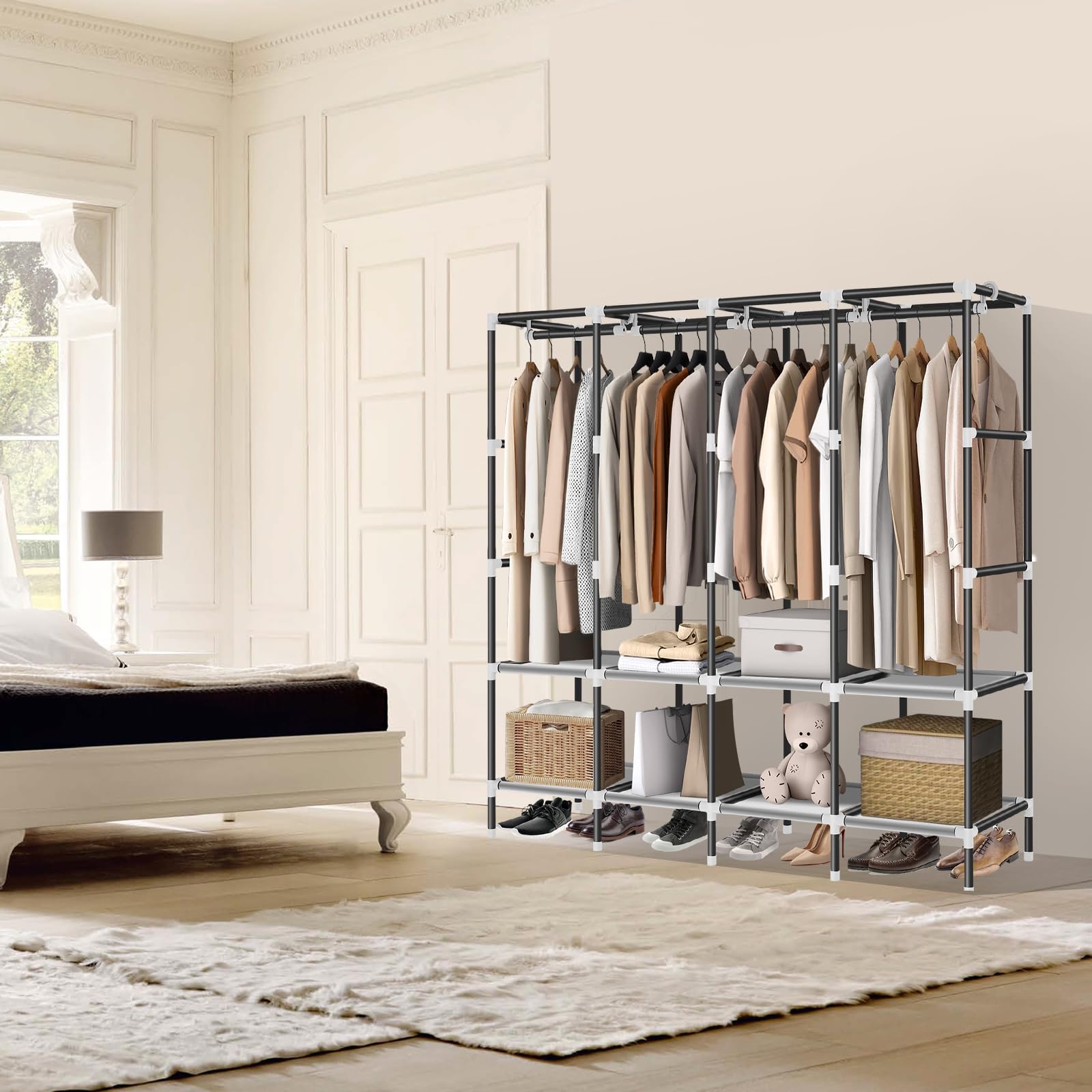 LOKEME Portable Closet,19mm Diameter Portable Closets for Hanging Clothes,Black Closet with 4 Hanging Rods and 8 Storage Shelves,Non-Woven Fabric,Easy to Assembly,67.9x18.4x70.8 Inches