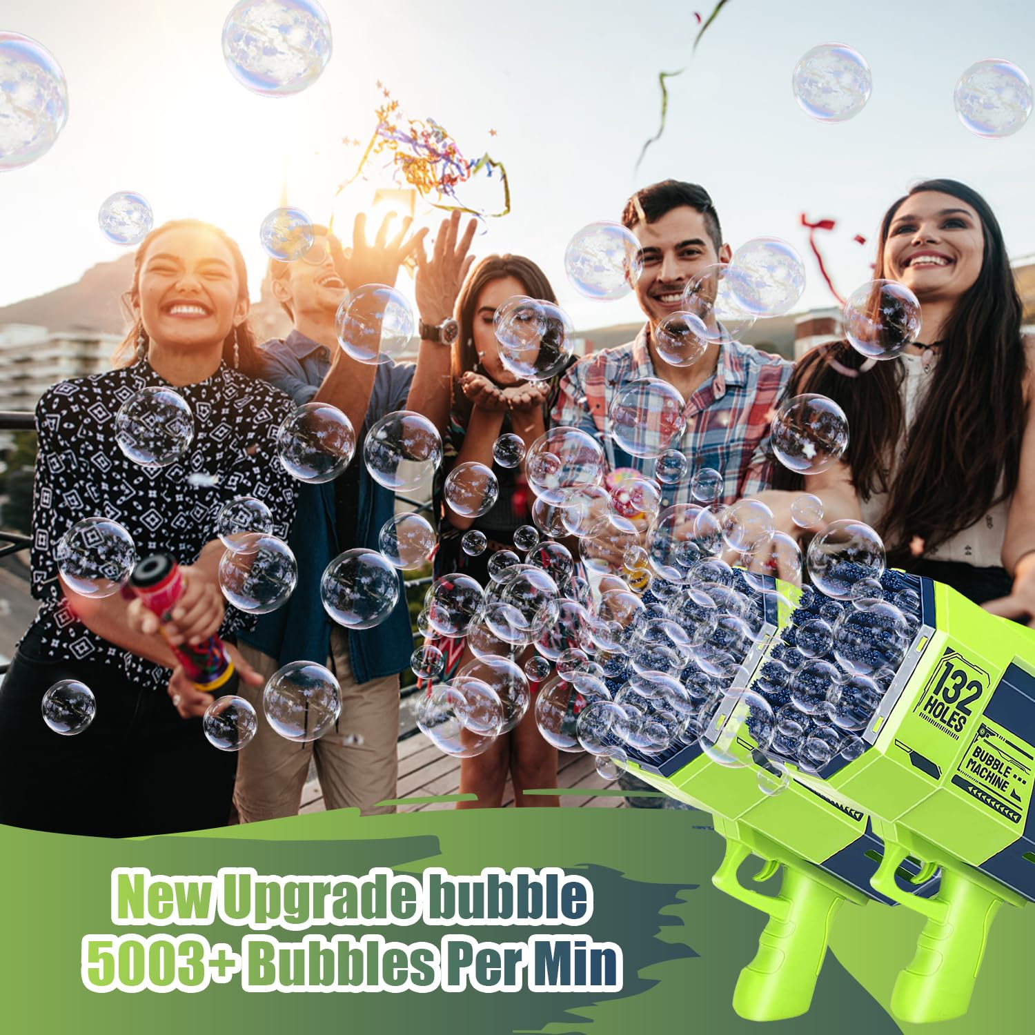 Dynasty Pro Bubble Machine Gun 132 Hole Bubble Maker - Bazooka Bubble Gun and Lights - 6000+ Bubbles Per Min Suitable for Children & Adults - Electric Bubble Gun For Indoor, Outdoor & Birthday (Green)