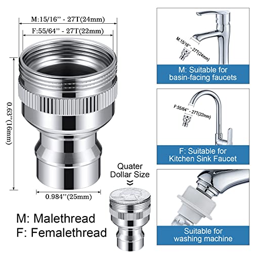 Dreyoo 2 Pcs Dishwasher Faucet Adapter, Dishwasher Snap Adapter Connection 15/16-27Male or 55/64-27Famale Chrome (No Filter)
