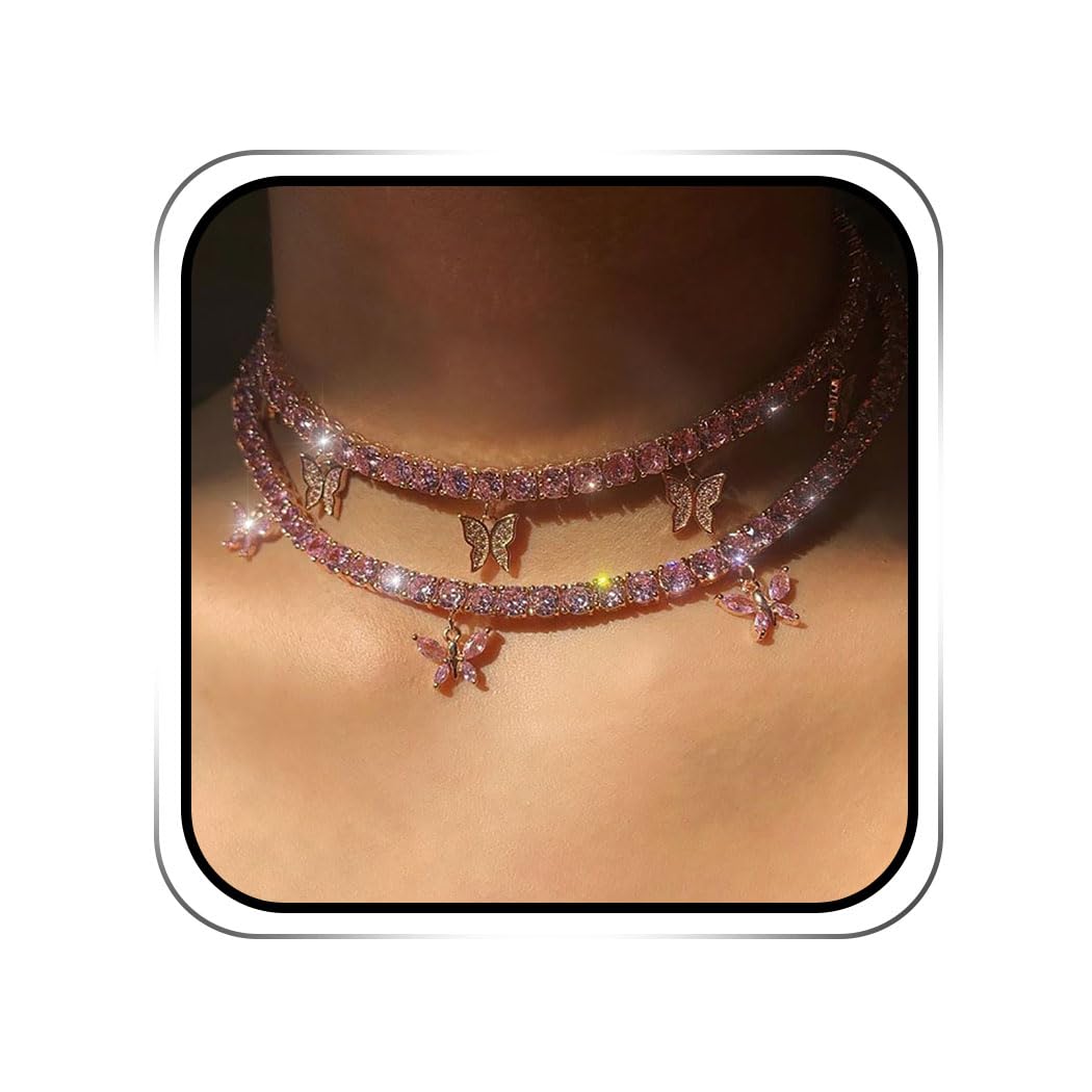 EARENT Rhinestone Butterfly Choker Necklaces Sparkly Crystal Butterfly Chain Necklace Glitter Pink Prom Jewerly for Women(Pinkļ¼Pack of 2ļ¼)