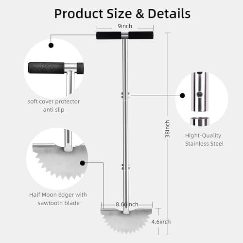 Fadown Edger Lawn Tool Half Moon Lawn Edger with Saw-Tooth Blade for Cleaning Edges Along Sidewalks Driveways Garden Flower Beds-Made of Stainless Steel with T-Grip Handle